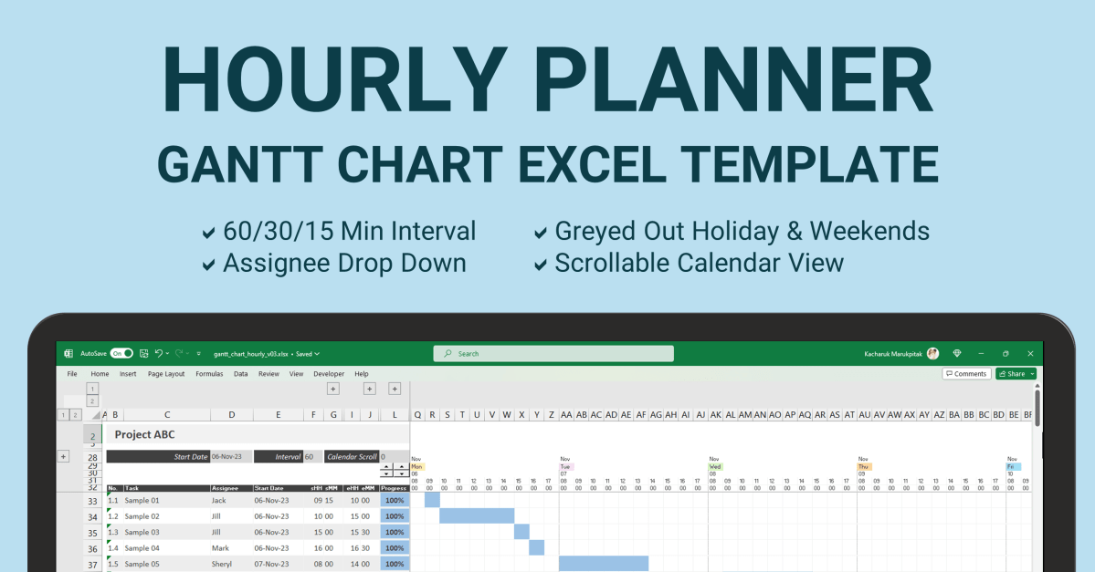 Hourly Planner Gantt Chart Excel Template – Super Easy and Flexible, No ...